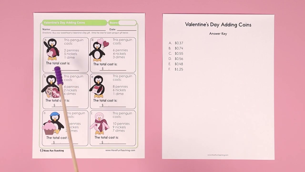 Valentine’s Day Adding Coins Worksheet