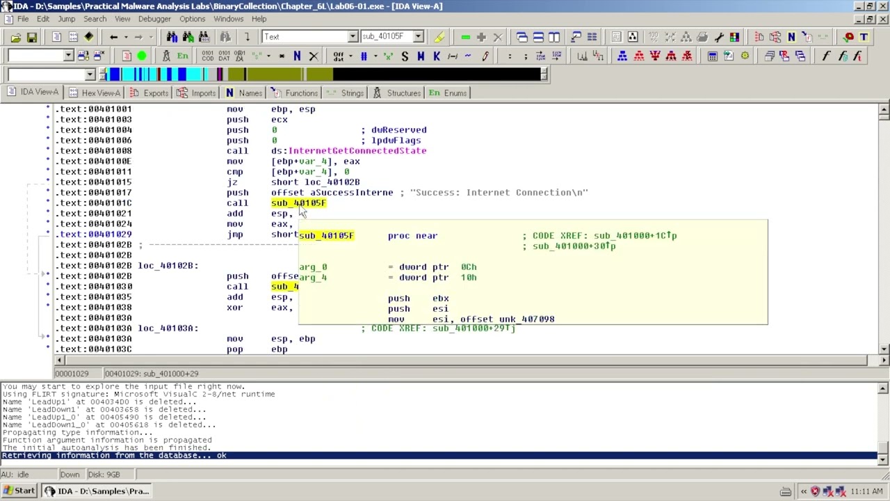 Recognizing C Code Constructs in Assembly - Lab 6-1 Intro to Malware Analysis