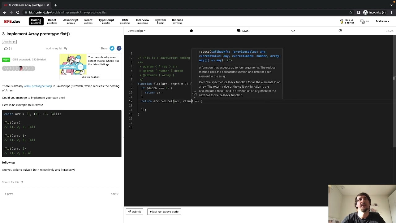 3. implement Array.prototype.flat() - bigfrontend - JavaScript