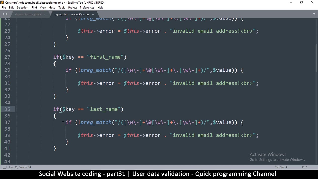 Social Website from scratch - Part 31 - User data validation | OOP PHP with MYSQL Database