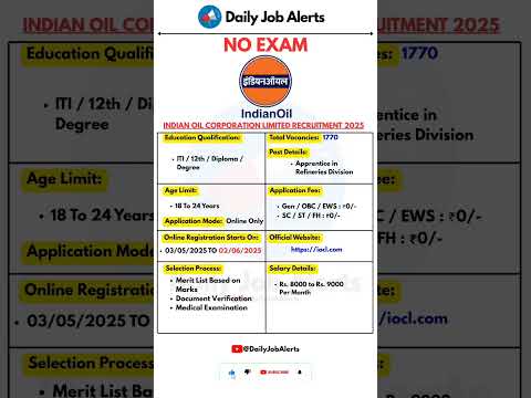 IOCL Recruitment 2025 | New Vacancy 2025 | IOCL Notification 2025 | Daily Job Alerts #shorts