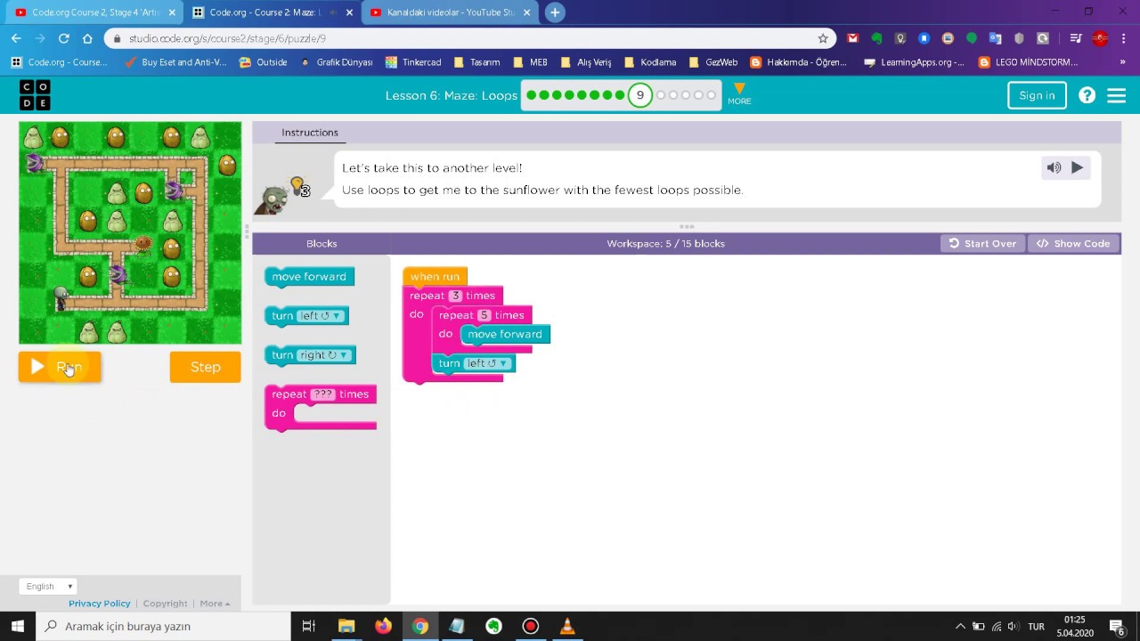 Code.org Course 2, Stage 6 'Maze:Loops'