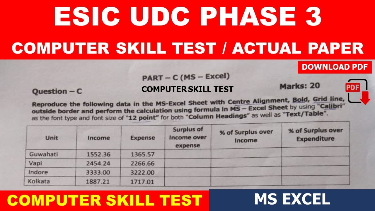 ESIC UDC COMPUTER SKILL TEST PREVIOUS YEAR EXCEL QUESTION PAPER WITH SOLUTION PDF