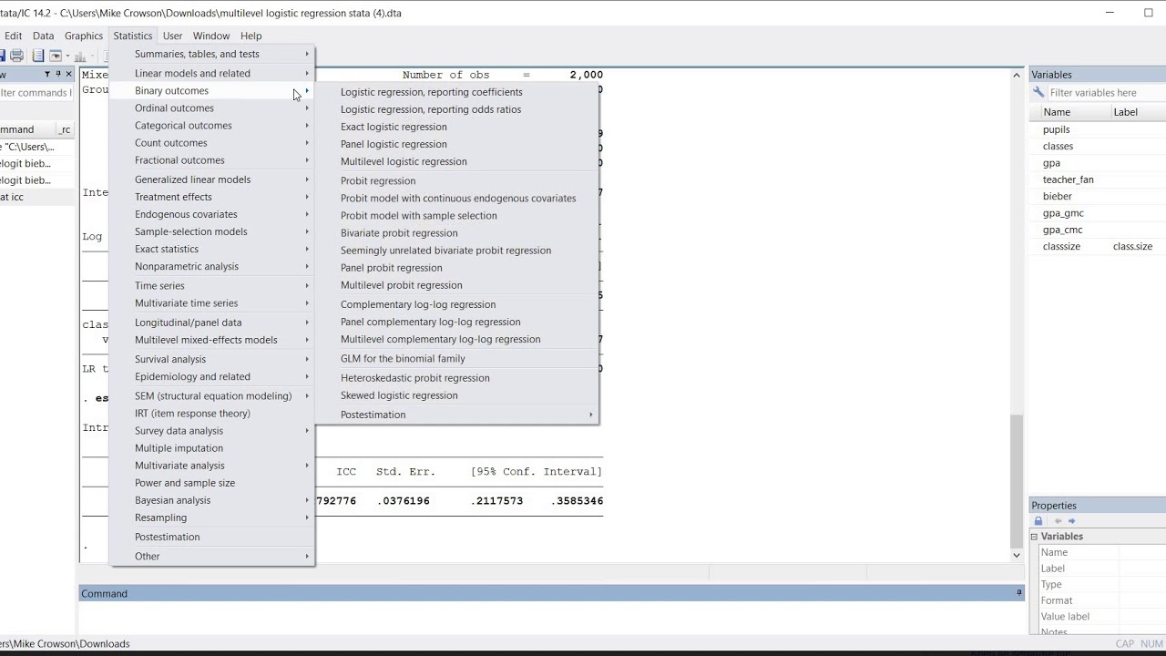 Multilevel binary logistic regression using Stata drop-down menus March 2020)