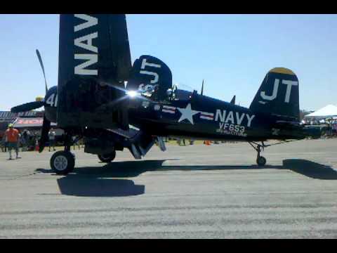 Navy F4U Corsair Warbird Start up - Unfolds wings 2011