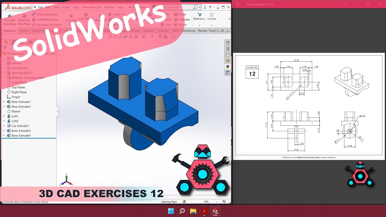 SolidWorks | 3D CAD EXERCISES 12 | StudyCadCam | Solution Tutorial |