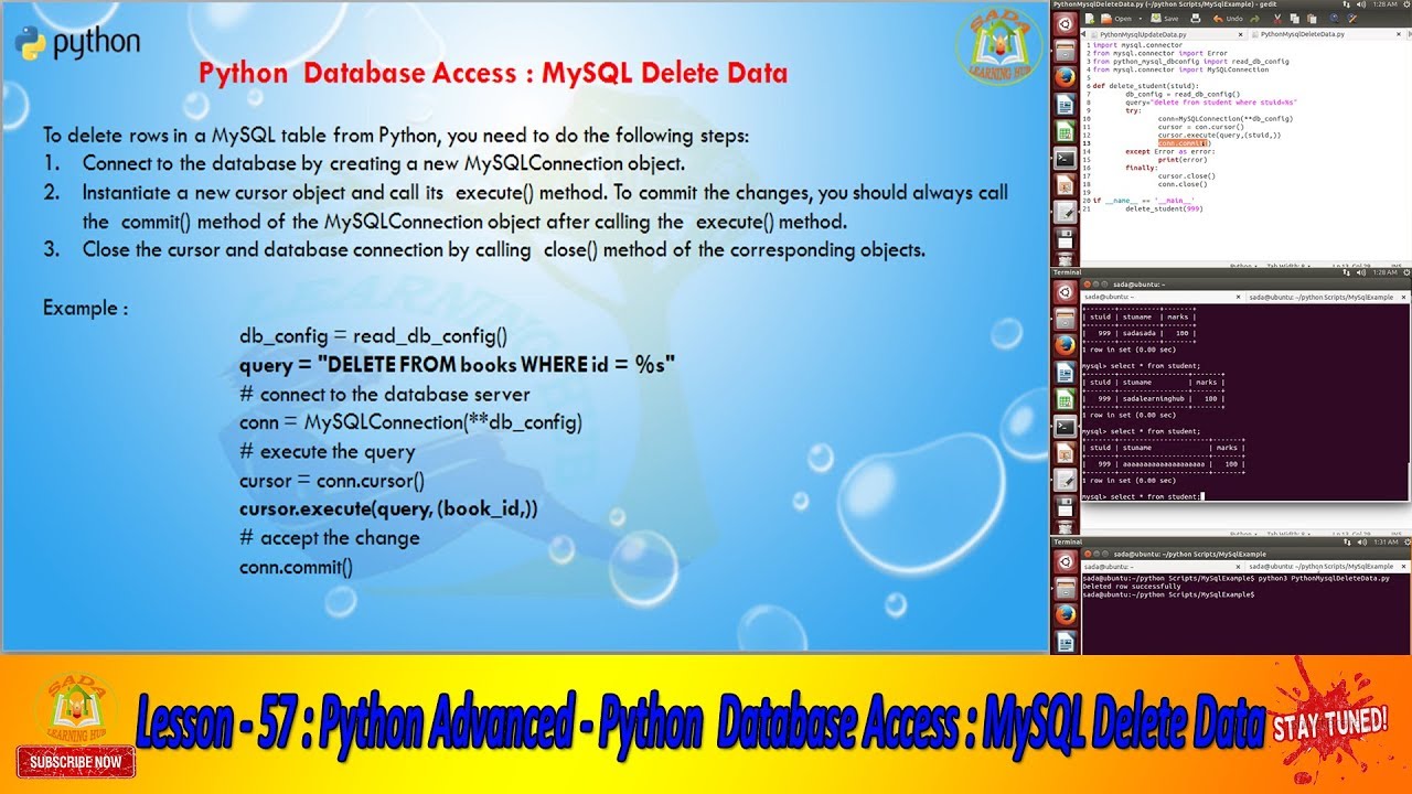 Lesson - 57 : Python Advanced - Python  Database Access : MySQL Delete Data
