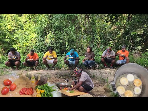 Fry dumpling w fever grass stew port | Colaz Smith tv team cooking on the river | pappy leads d team