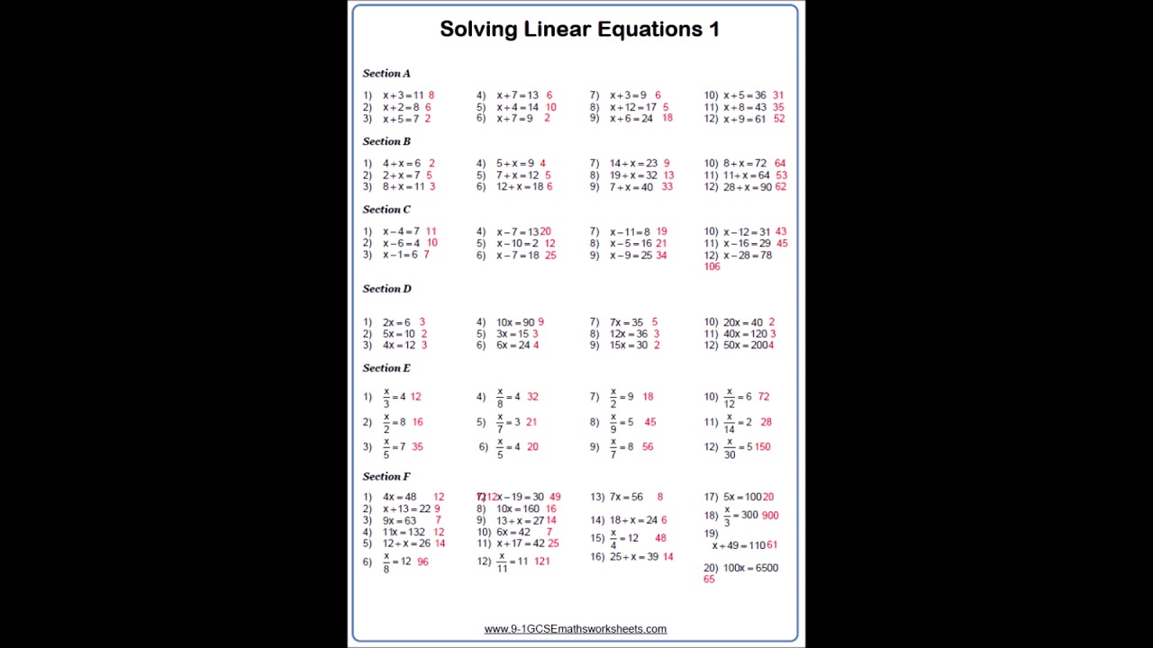 Maths Worksheets Solving Equations