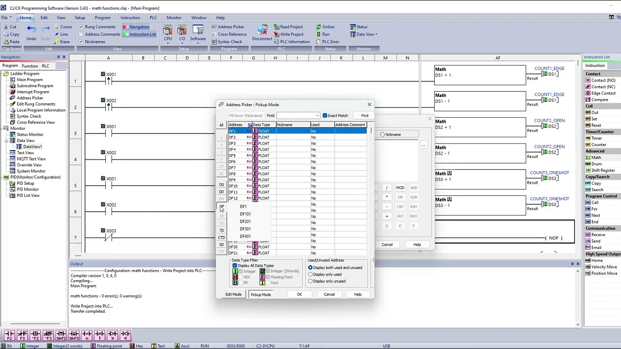 Click PLC Lab7 MATH Functions