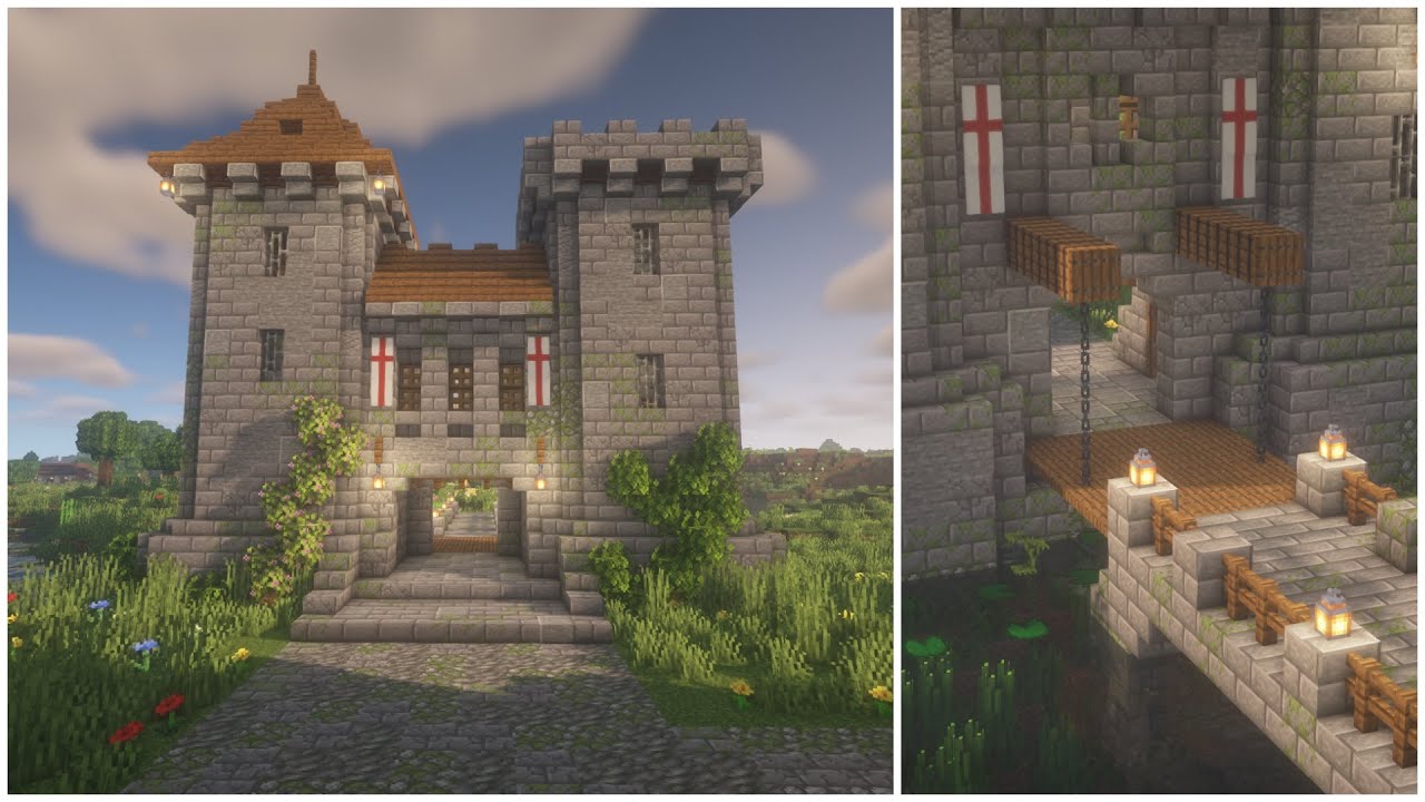 Minecraft | How to build a Castle Gate with a Drawbridge - Tutorial