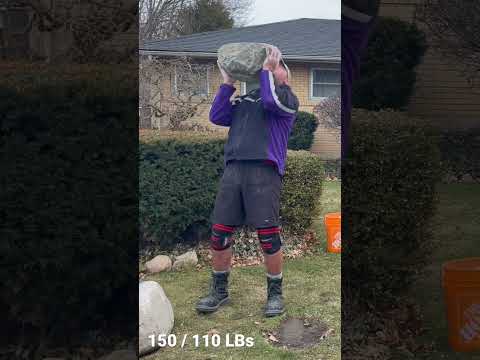 150 LB stone to shoulder, 110 LB stone overhead press