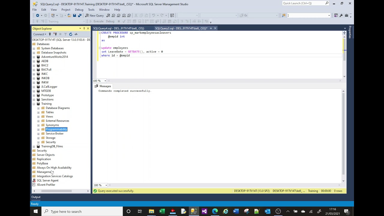 MS SQL tutorial demonstrating creating stored procedures with parameters