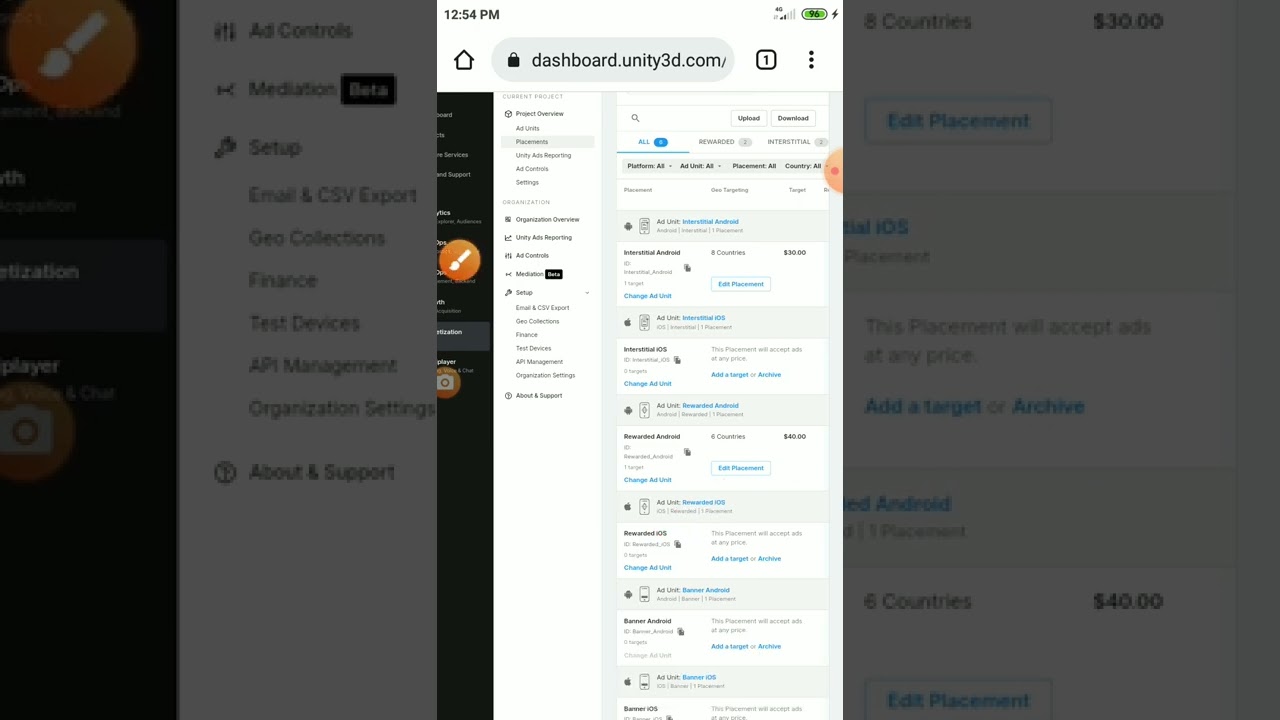 Unity I'd placements setting |
