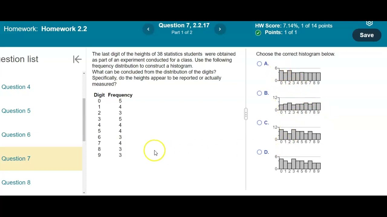 Math 14 HW 2.2.17- B Identify the correct histogram & does the data appear reported or measured?