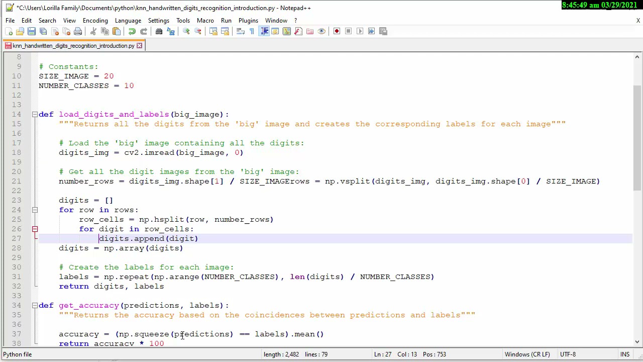 【PYTHON OPENCV】Handwritten digits recognition using KNN and raw pixels as features