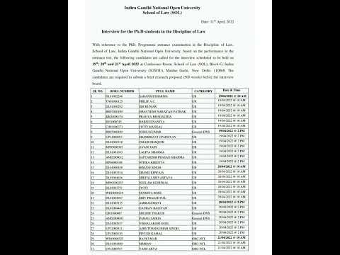 IGNOU PhD Entrance Exam 2021-22 | Law | Interview List | Results