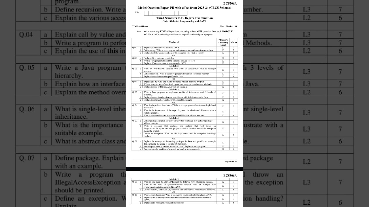 VTU 2022 Scheme 3rd sem Oops with java model question paper #shorts #rd_creation1416