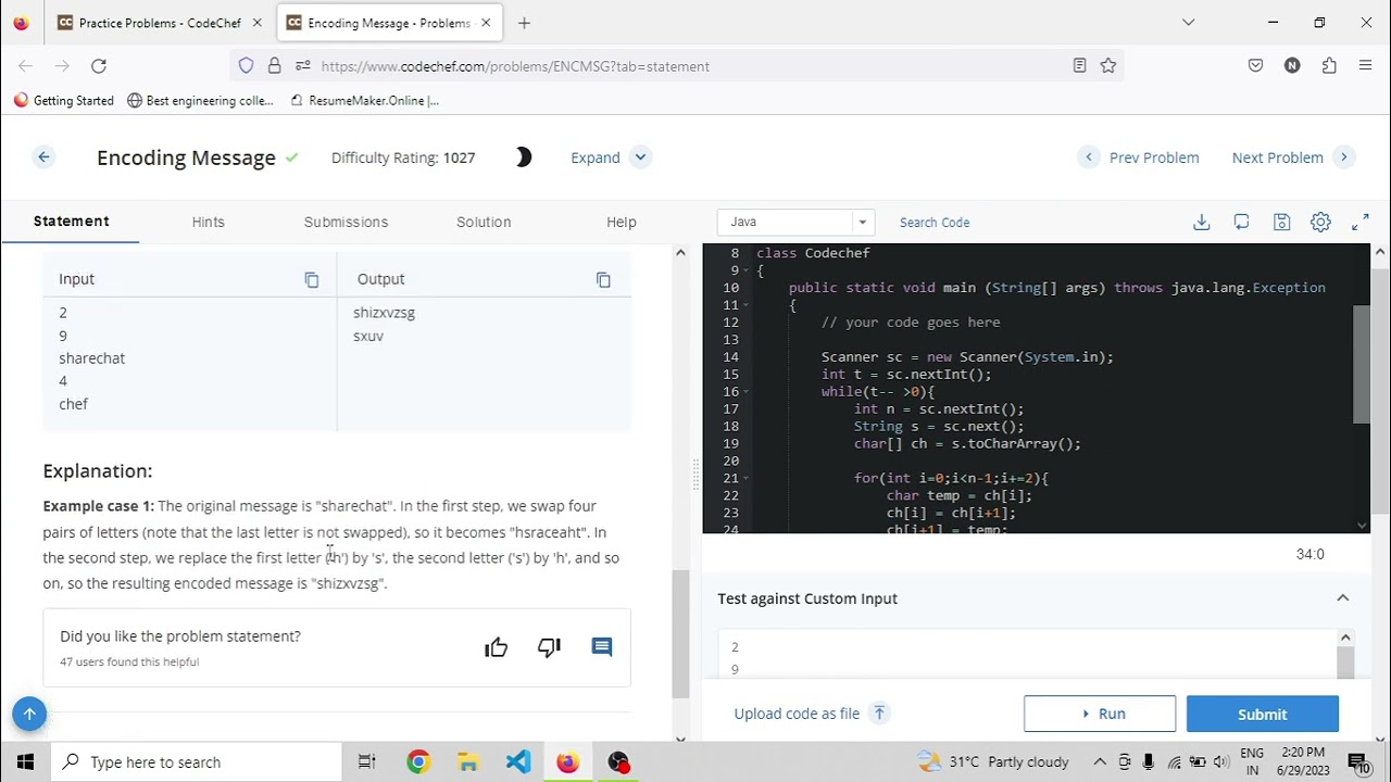 Encoding Message | Codechef problem | java