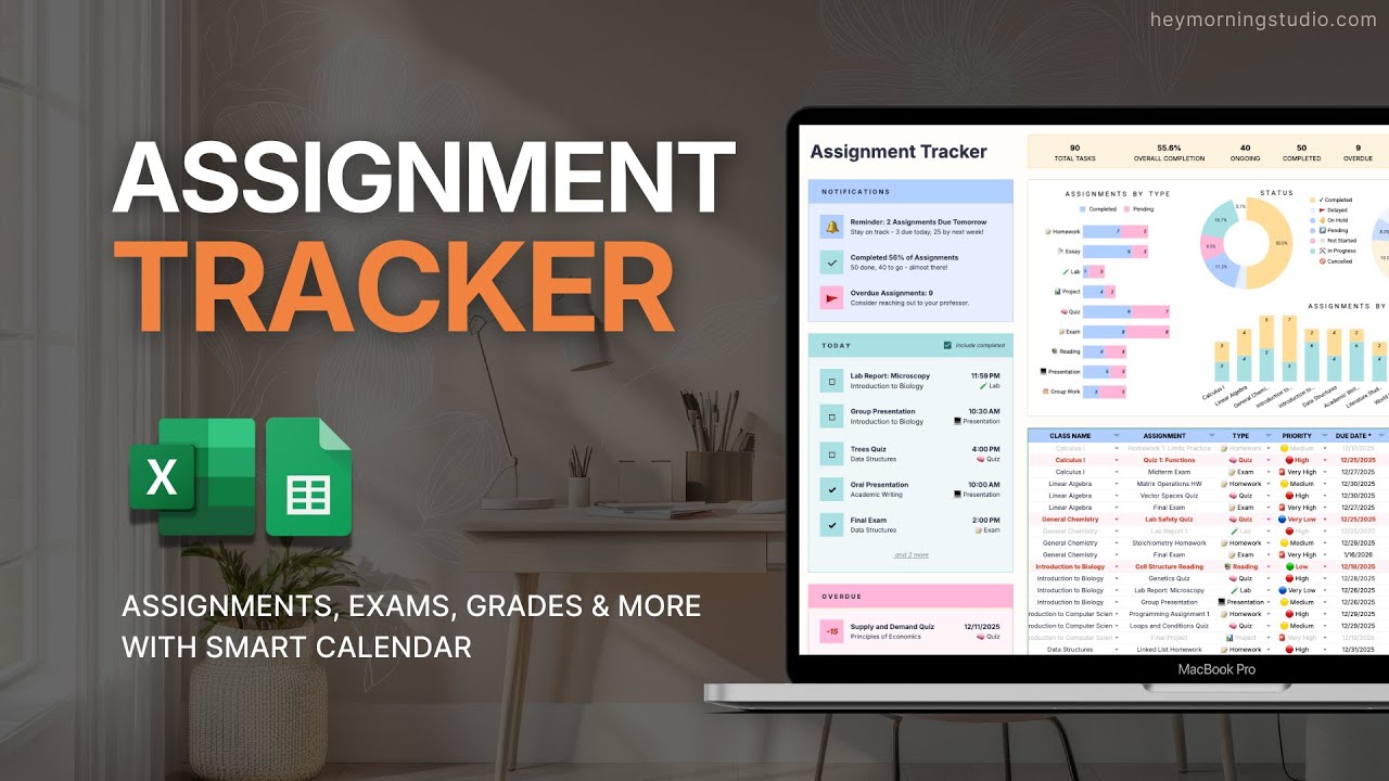 Assignment Tracker Tutorial | Track Deadlines, To-Do, Grade & Progress in Google Sheets & Excel