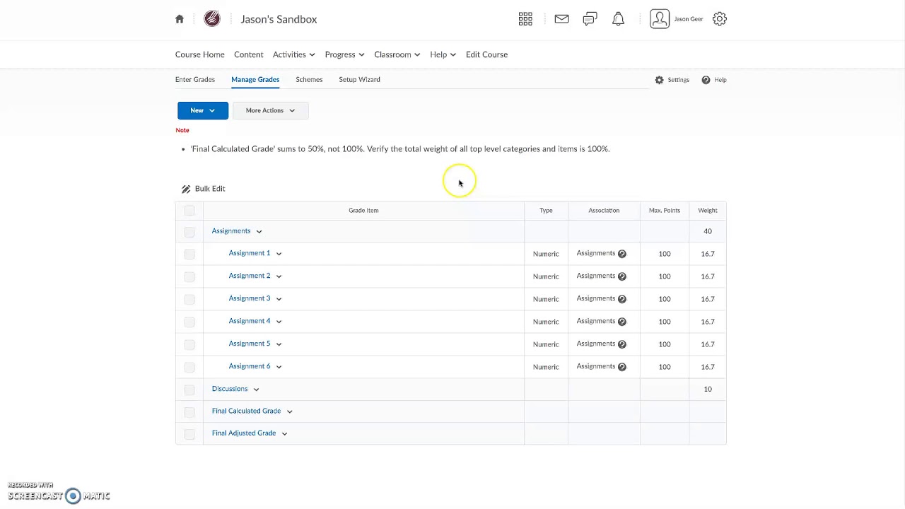 Brightspace - Adding grade category to gradebook