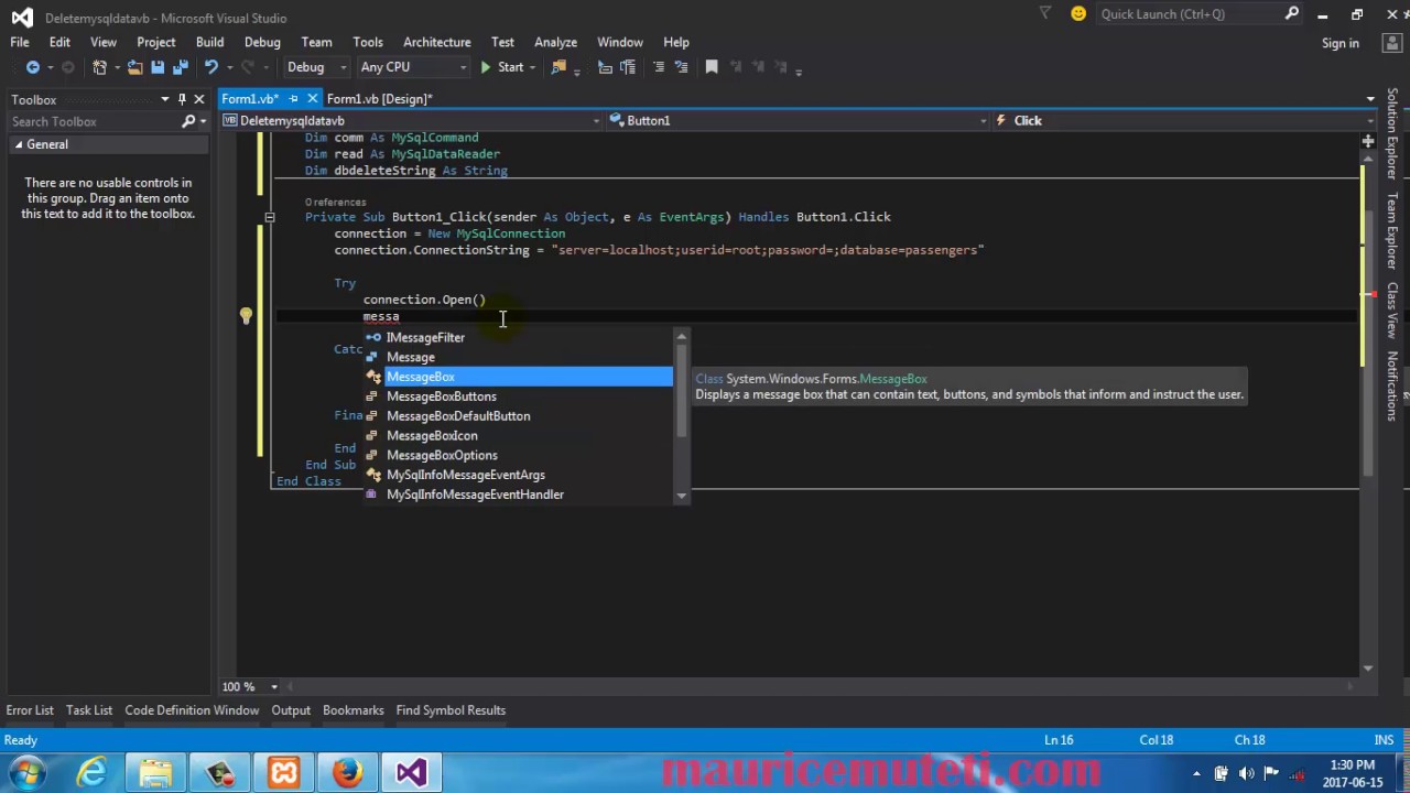 VB NET AND MYSQL TUTORIAL DELETE DATA FROM DATABASE VISUAL BASIC NET