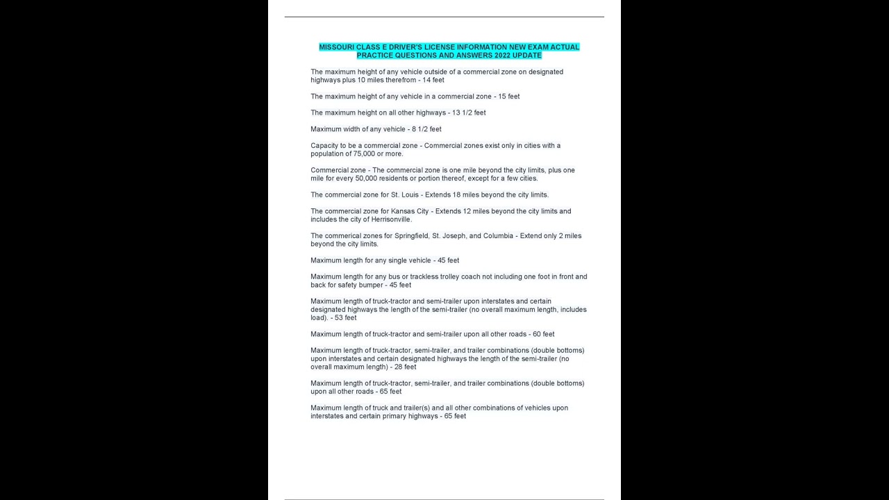 MISSOURI CLASS E DRIVER'S LICENSE INFORMATION NEW EXAM ACTUAL PRACTICE QUESTIONS AND ANSWERS 2022 UP