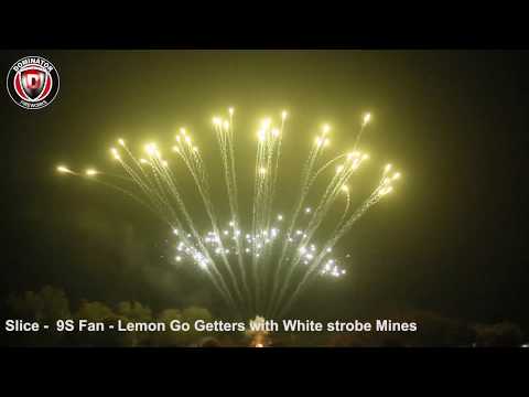 1.4G PRO FIREWORKS: 9S FAN INSTANCE SLICE CAKE - LEMON GO-GETTERS W/WHITE STROBE MINES - PFX9FR-GG-L