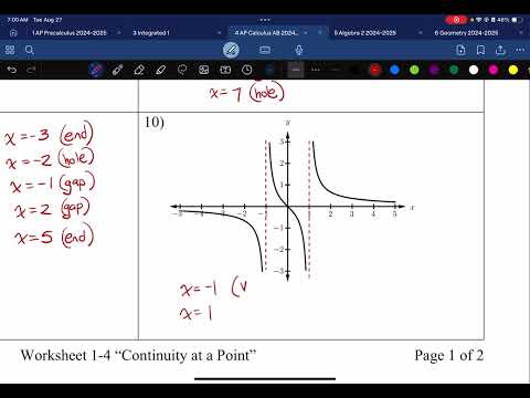 AP Calculus AB Worksheet 1-4 “Continuity at a Point”