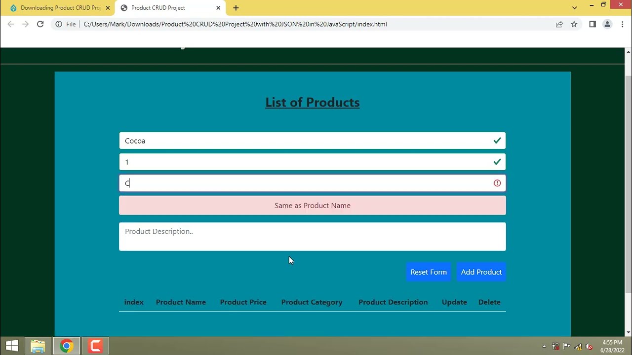 Product CRUD Project with JSON in JavaScript