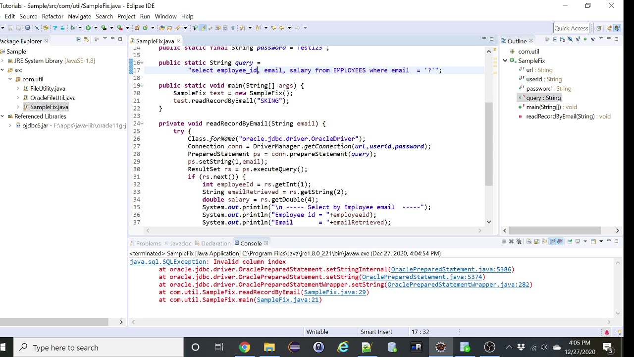 Fix - to java.sql.SQLException Invalid column index