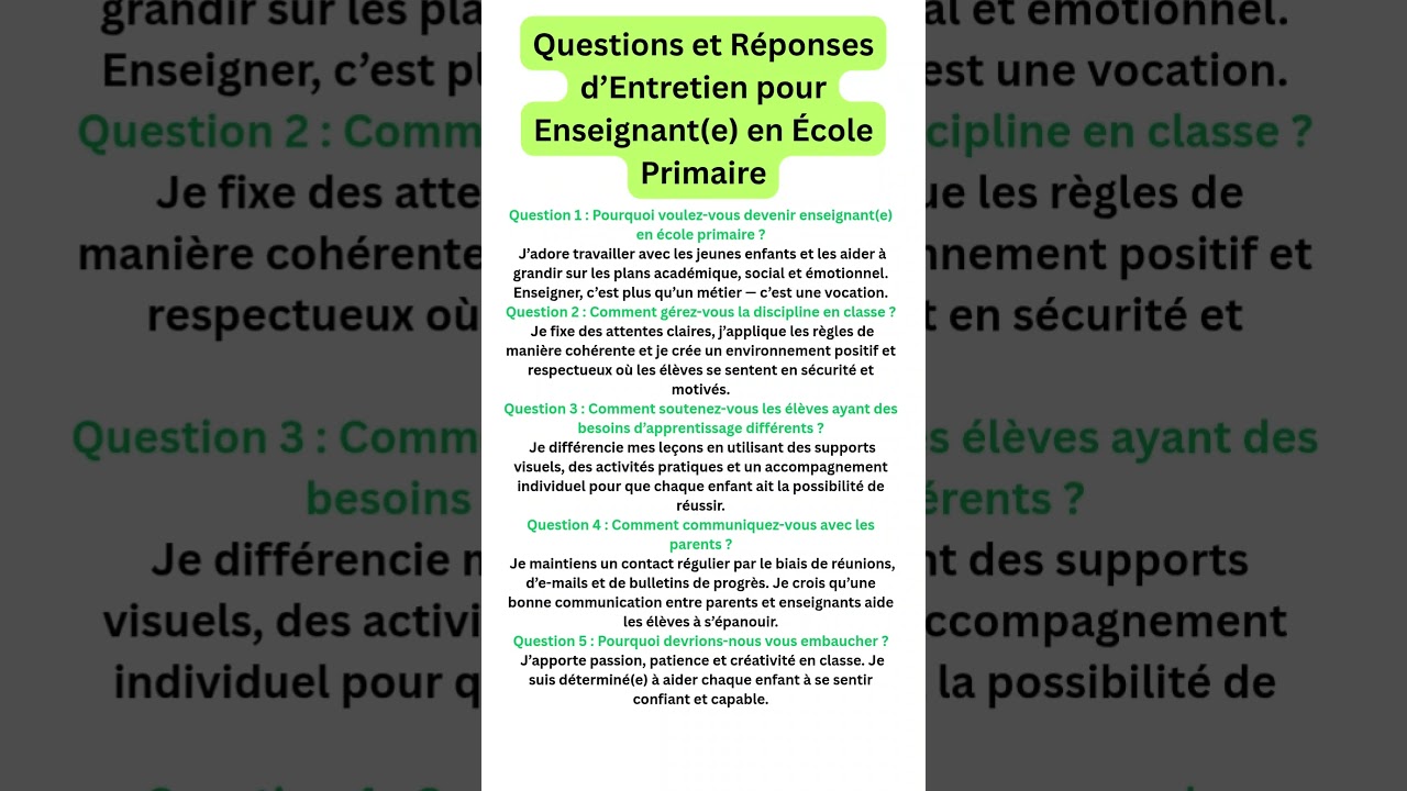 Top 5 Questions d’Entretien pour Enseignant(e) en École Primaire avec Réponses