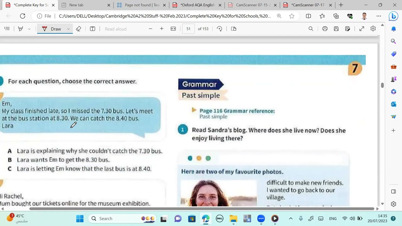A2 Cambridge -  Unit 7 Reading part 1 and grammar focus - simple past