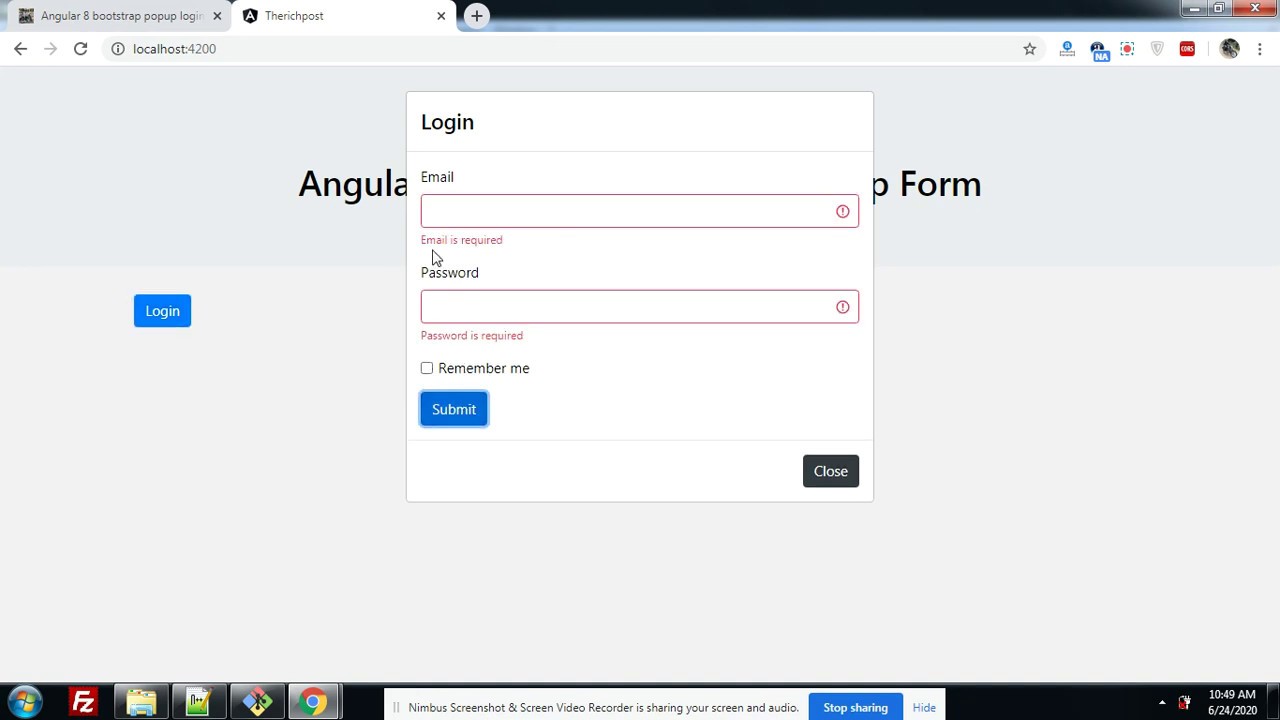 Angular 9 Bootstrap 4.5 Login Popup Form