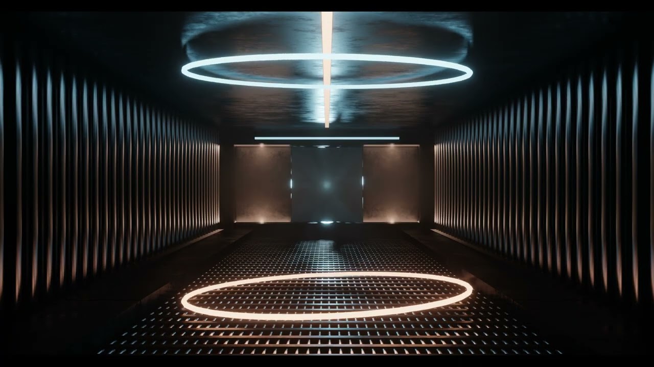 3d rendering metal sci fi corridor with rotating light blue and yellow neon ring  Concept futuristic
