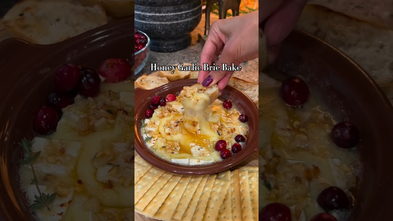 Honey Garlic Butter Brie Bake 🍯🧈🧄🧀 Perfect for holiday gatherings. #holidayrecipes #charcuterie