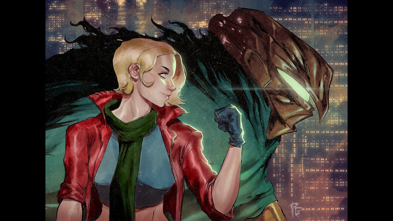 Cyberpunk Detective Girl and Bot- timelapse illustration