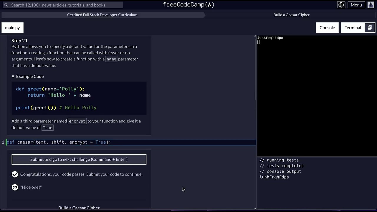 FreeCodeCamp - Python Project - Step 21 of 25 - Caesar Cipher