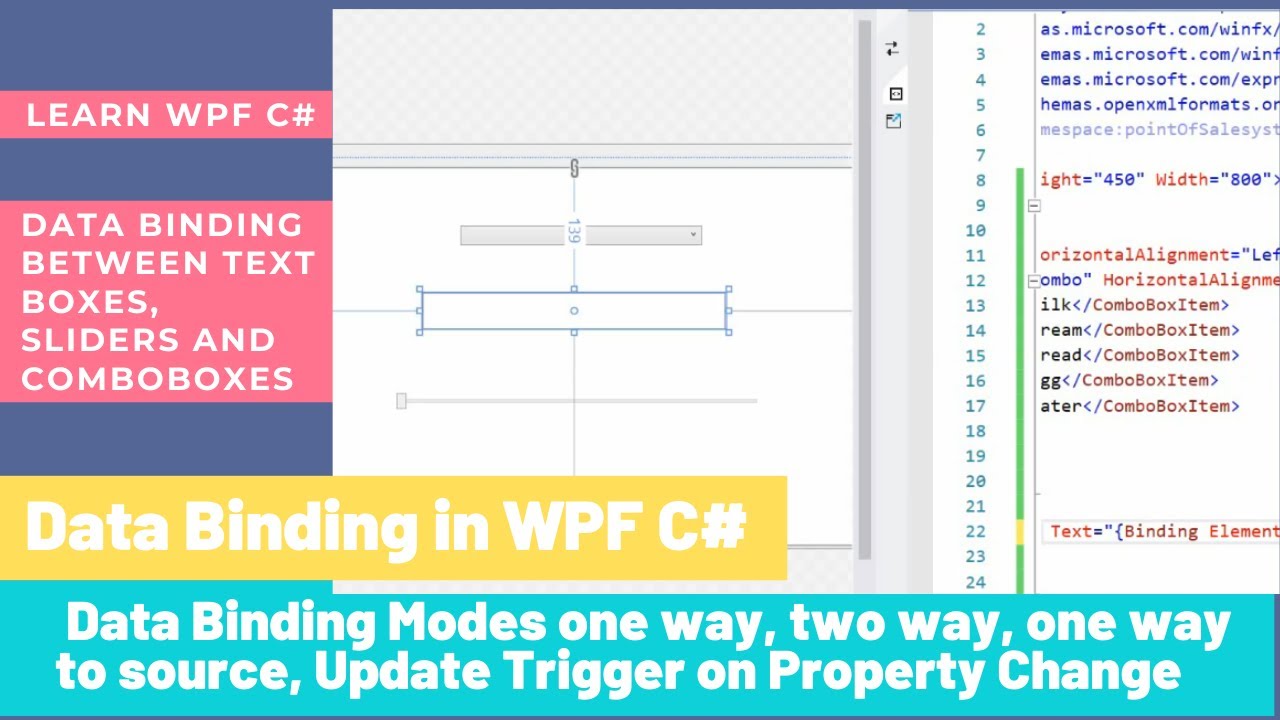 WPF C# Tutorial- How to data bind in WPF with Text Boxes - Sliders - Combo boxes - Databinding Modes