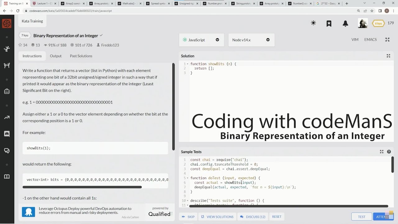 Codewars 7 kyu Binary Representation of an Integer JavaScript
