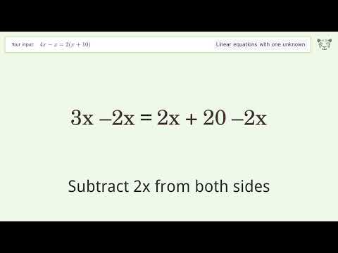 Solve 4x-x=2(x+10): Linear Equation Video Solution | Tiger Algebra