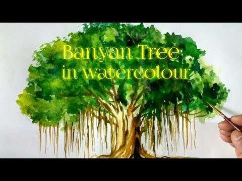 The banyan tree || banyan tree || how to draw and paint Banyan tree in watercolour easily