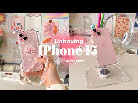 iPhone 15 Unboxing (Pink)𓍢ִ໋🌷͙֒✧🎀˚.| 256 gb˚🌸˚| Aesthetic Setup + Cute Accessories🫧💗 | BTS Theme ☁️🦢