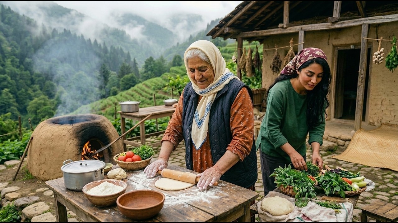 Iran Rural Village Life | Cooking Loobia Polo, Biber Dolma & Giant Pizza