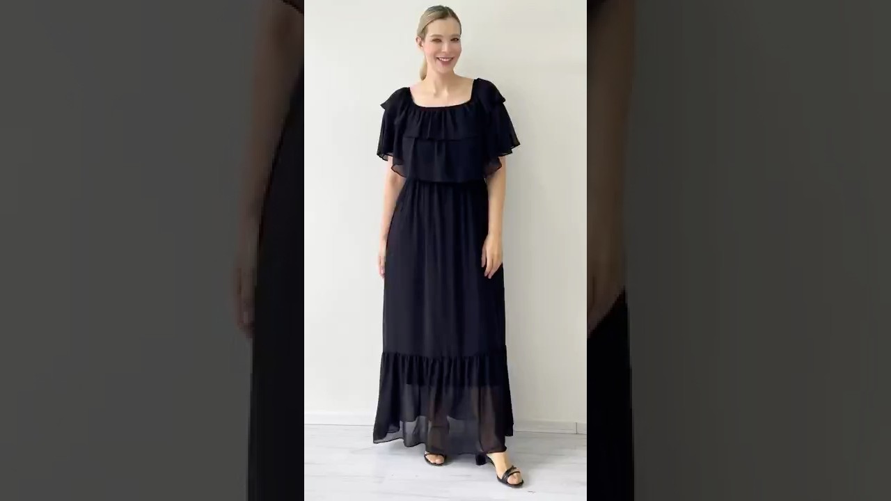 Siyah Carmen Yaka Volanlı Büyük Beden Uzun Şifon Elbise-Black Carmen Chiffon Dress