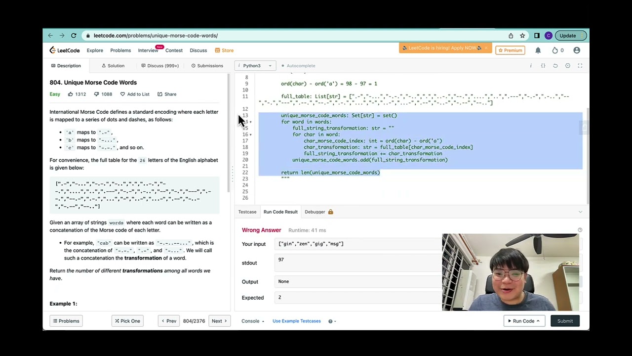 Leetcode Python - Easy - Unique Morse Codes (Linear - Single Pointer)