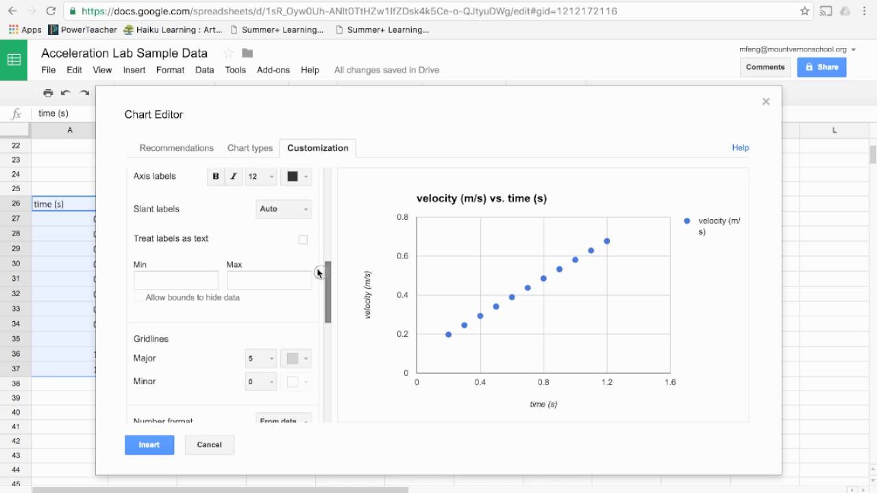 google sheets graphing of acceleration lab