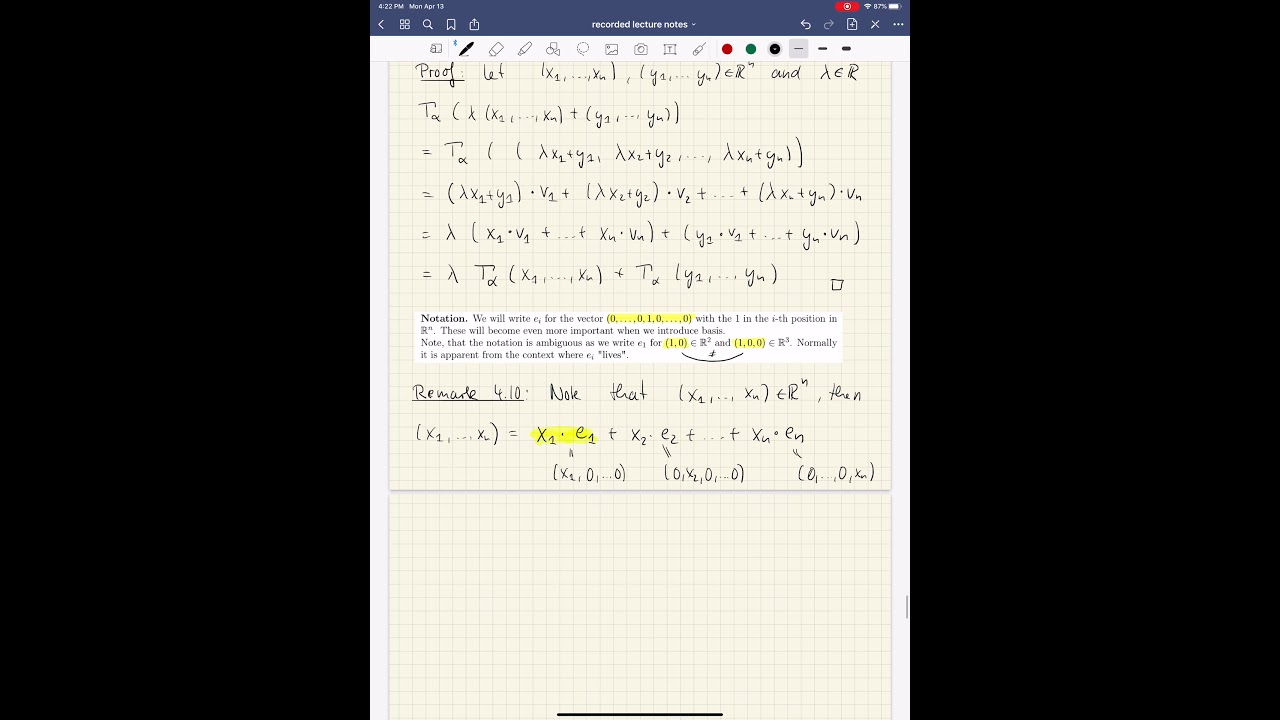 Linear Algebra, Lecture 7: Linear transformations with domain R^n, span of a tuple