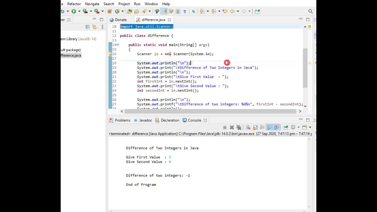 Difference Between Two Integers in Java
