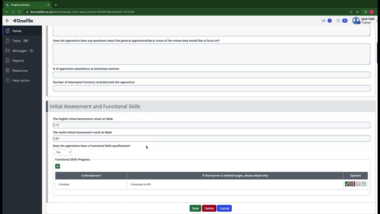 Onefile Guide - Completing a Progress Review